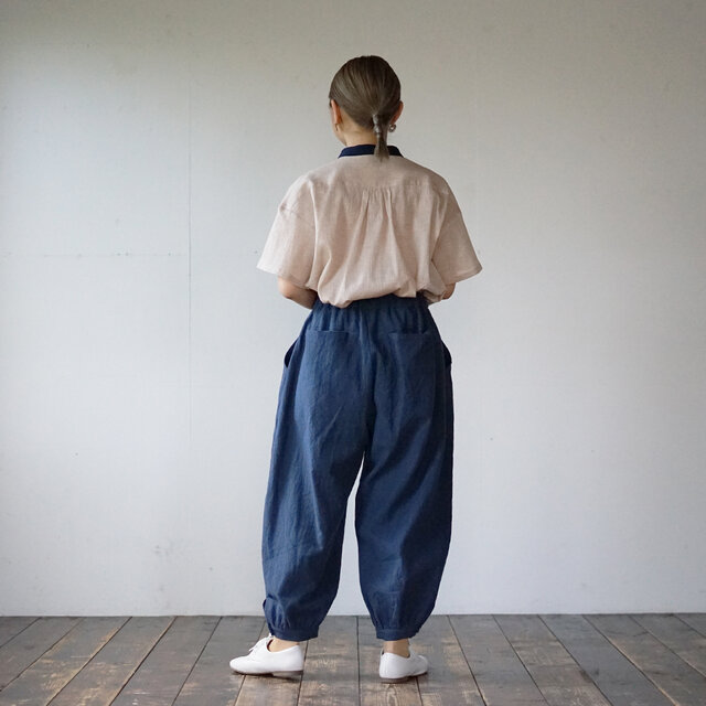 綿麻ギャザーパンツ 股下55cm[クラシックブルー] | iichi ハンドメイド・アンティーク・食品・ギフト・手作り