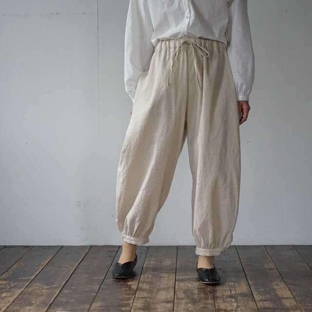 綿麻ギャザーパンツ 股下55cm[エクリュ] | iichi ハンドメイド・クラフト作品・手仕事品の通販
