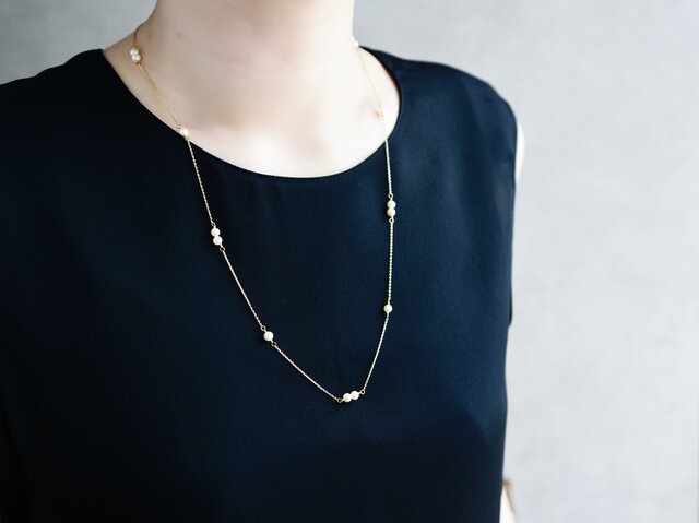 【14kgf ロングネックレス】かぶってつけれる！華奢 ヴィンテージパール・60cm | iichi ハンドメイド・クラフト作品・手仕事品の通販