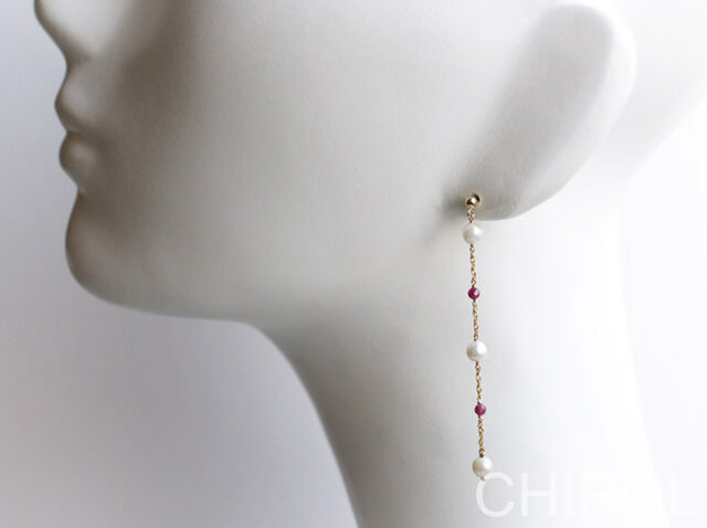 ルビー+ アコヤパール ロング ピアス/ 14kgf | iichi ハンドメイド・クラフト作品・手仕事品の通販