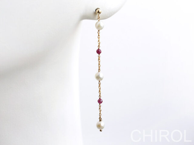 ルビー+ アコヤパール ロング ピアス/ 14kgf | iichi ハンドメイド・クラフト作品・手仕事品の通販