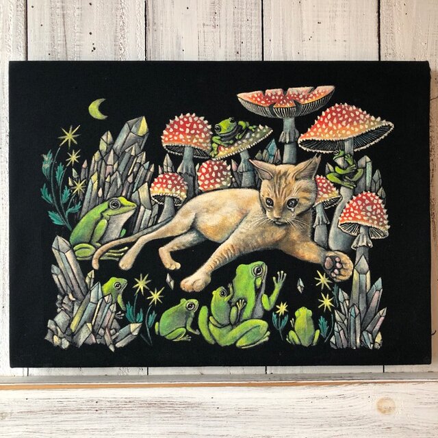 「取引しよう」F4サイズ アート作品 原画 猫 カエル キノコ 徳島洋子作品 ★ 星月猫 | iichi ハンドメイド・クラフト作品・手仕事品の通販