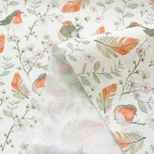 acufactum オレンジのコマドリ プリント生地【20cm切り売り】 野鳥 駒鳥 ヨーロッパコマドリ F-0794 | iichi ハンドメイド・クラフト作品・手仕事品の通販