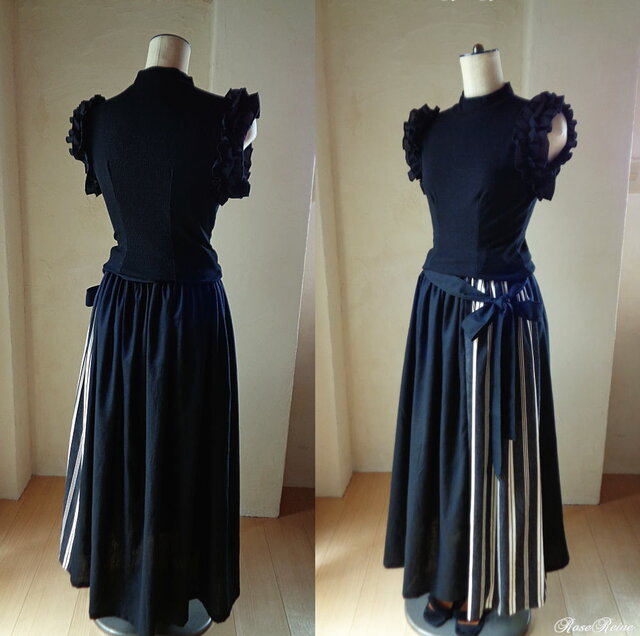 soldラス1 ハーフリネン 黒＆ストライプ マキシ丈 ギャザースカート リボンベルト付き ウエストゴム | iichi ハンドメイド・クラフト作品・手仕事品の通販