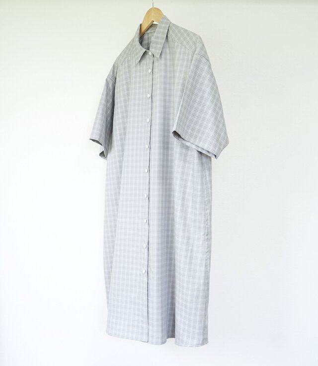 播州織 グレー チェック 半袖ワイドシャツワンピース | iichi ハンドメイド・アンティーク・食品・ギフト・手作り