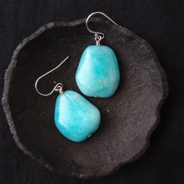【SV】Big Amazonite Earrings／アマゾナイト フックピアス（Medium） | iichi ハンドメイド・クラフト作品・手仕事品の通販