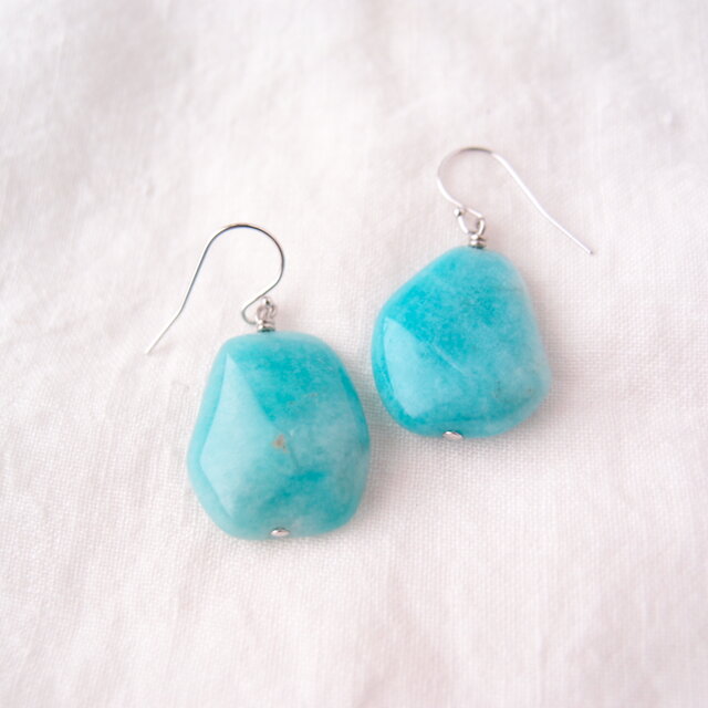 【SV】Big Amazonite Earrings／アマゾナイト フックピアス（Medium） | iichi ハンドメイド・クラフト作品・手仕事品の通販