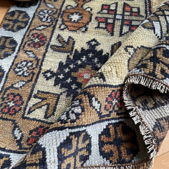 トルコヴィンテージラグ ブラウン たまごイエロー 幾何学模様 60.5×106 | iichi ハンドメイド・クラフト作品・手仕事品の通販