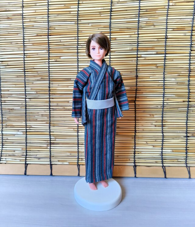 「縞柄の浴衣…青blue×緑green」28cm男子ドール浴衣 | iichi ハンドメイド・クラフト作品・手仕事品の通販