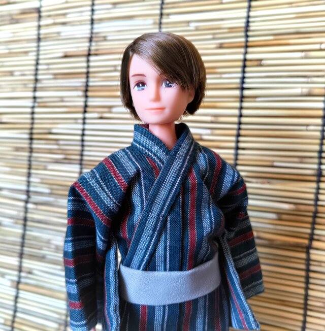「縞柄の浴衣…青blue×緑green」28cm男子ドール浴衣 | iichi ハンドメイド・クラフト作品・手仕事品の通販