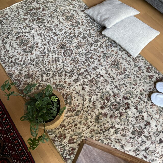 トルコヴィンテージラグ クリームラグ ボタニカル 96×187 ブラウングリーン | iichi ハンドメイド・クラフト作品・手仕事品の通販