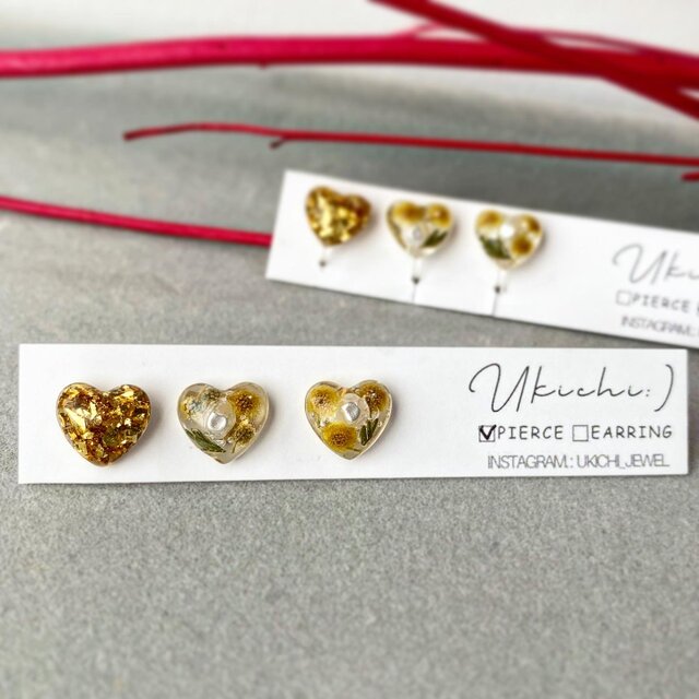 〜送料無料〜ミモザとパールのハートイヤリング | iichi ハンドメイド・クラフト作品・手仕事品の通販