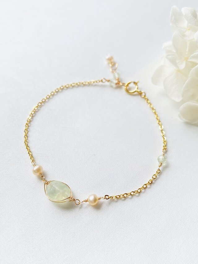 14kgf プレナイトと淡水真珠のブレスレット ac/736 | iichi ハンドメイド・クラフト作品・手仕事品の通販