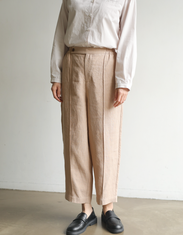 キレイもリラックスも叶える優秀リネンテーパードパンツ リネン100％ 薄い茶色 230709-3 | iichi ハンドメイド・アンティーク・食品・ギフト・手作り