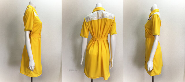 【1点もの・デザイン画付き】ボタニカルフラワー柄切り替えイエローシャツ型ワンピース半袖（KOJI TOYODA） | iichi ハンドメイド・アンティーク・食品・ギフト・手作り