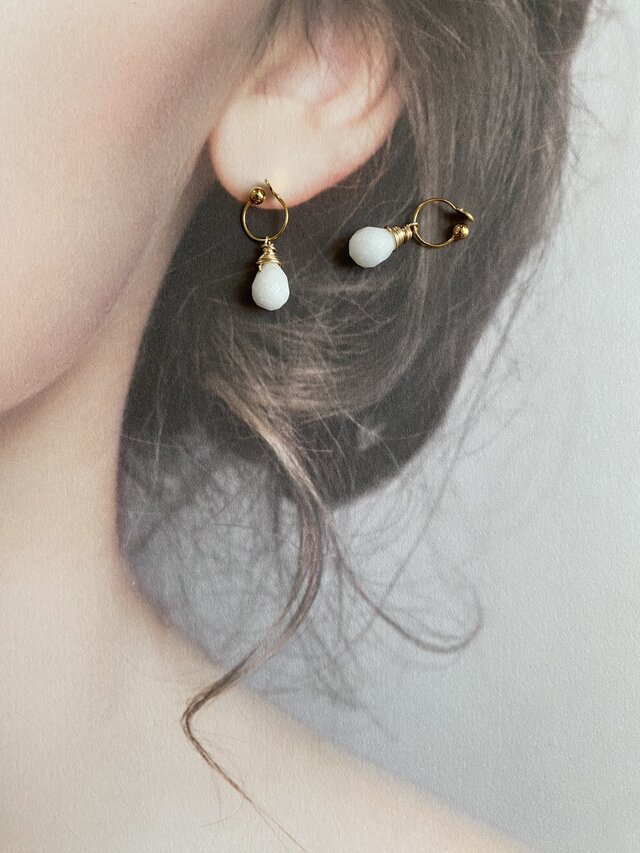 Mini Hoop ラビットジェードブリオ ジュエリーライクイヤリング・ノンホールピアス | iichi ハンドメイド・アンティーク・食品・ギフト・手作り