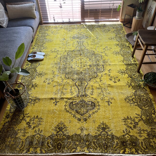 トルコヴィンテージラグ 超大判 173×268 イエロー×カーキ メダリオン | iichi ハンドメイド・アンティーク・食品・ギフト・手作り