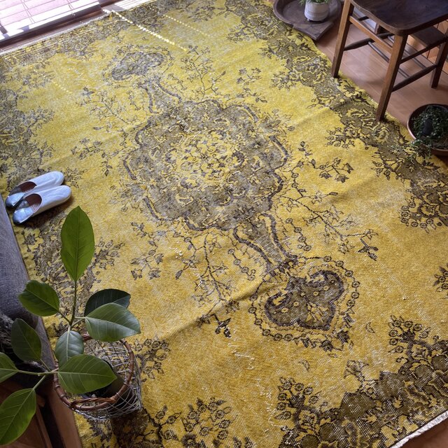 トルコヴィンテージラグ 超大判 173×268 イエロー×カーキ メダリオン | iichi ハンドメイド・アンティーク・食品・ギフト・手作り
