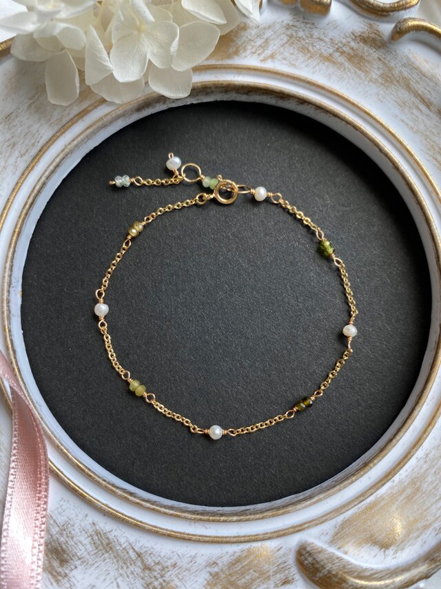 グリーントルマリンと淡水真珠のブレスレット ac/323 | iichi - ハンドメイド・アンティーク・食品・ギフト・手作り