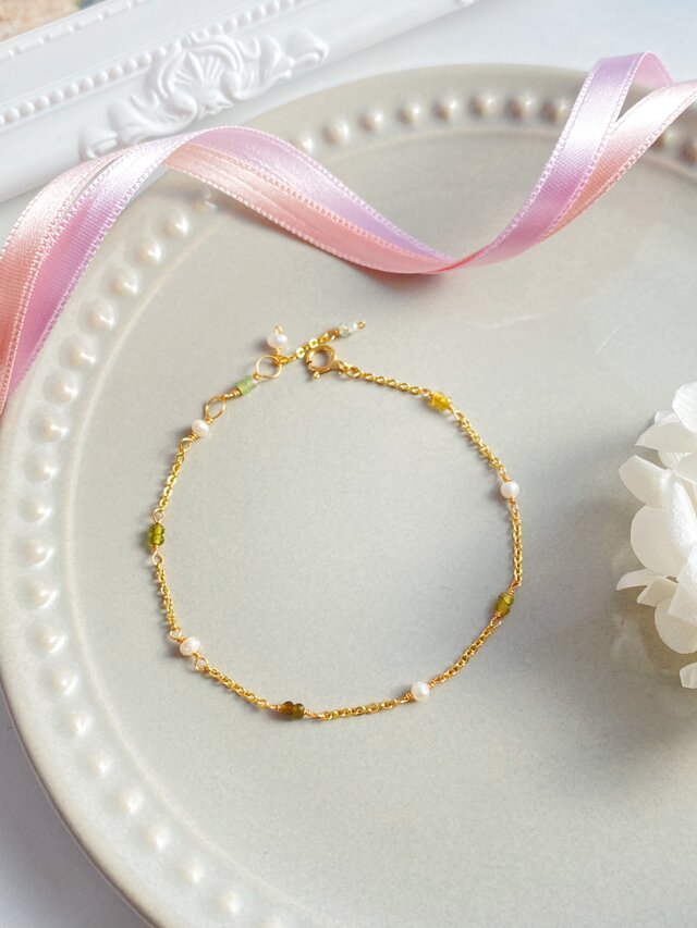 グリーントルマリンと淡水真珠のブレスレット ac/323 | iichi - ハンドメイド・アンティーク・食品・ギフト・手作り