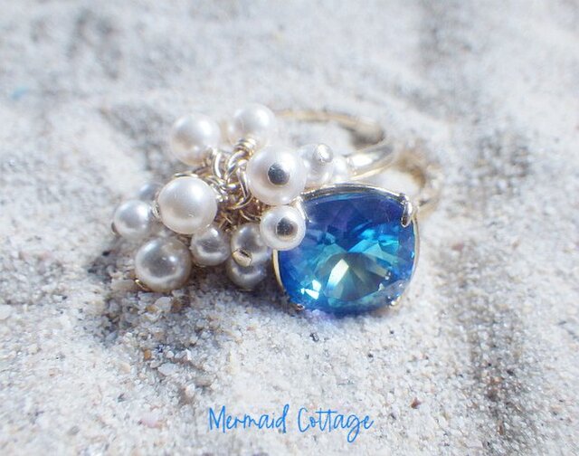 Mermaid’s Blue Ocean 海の泡のようなパールの2連リング | iichi - ハンドメイド・アンティーク・食品・ギフト・手作り