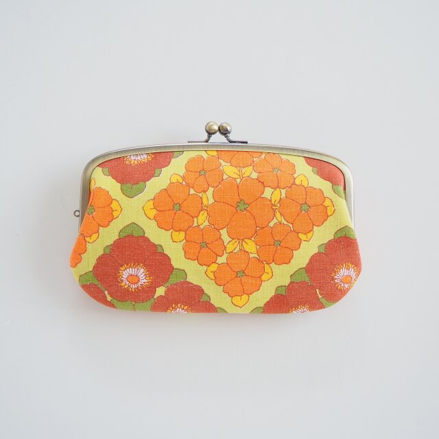 ヴィンテージ生地の親子がま口長財布 / ライムにオレンジの花 ticket(vf-lmor) | iichi ハンドメイド・アンティーク・食品・ギフト・手作り