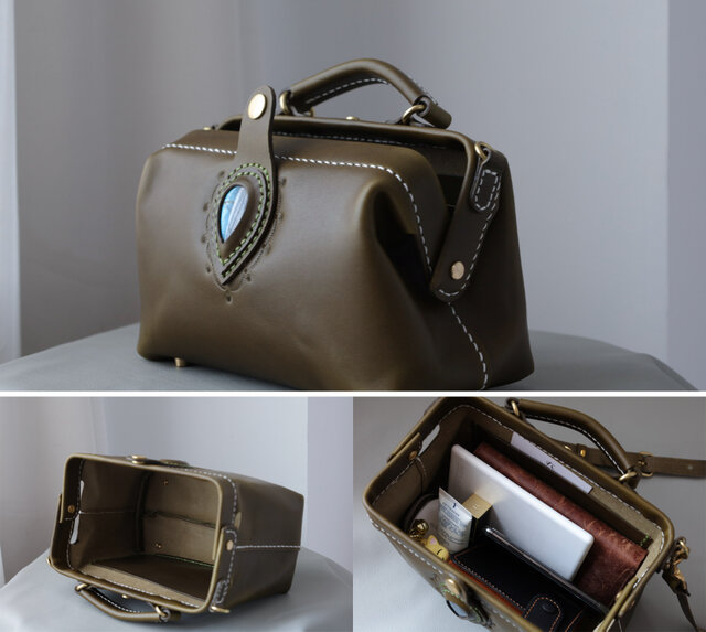 「天然石×革の組み合わせ」大人気！横型がま口バッグ 手作りのレザーショルダーバッグレディース 総手縫い | iichi 日々の暮らしを心地よくするハンドメイドやアンティークのマーケットプレイス