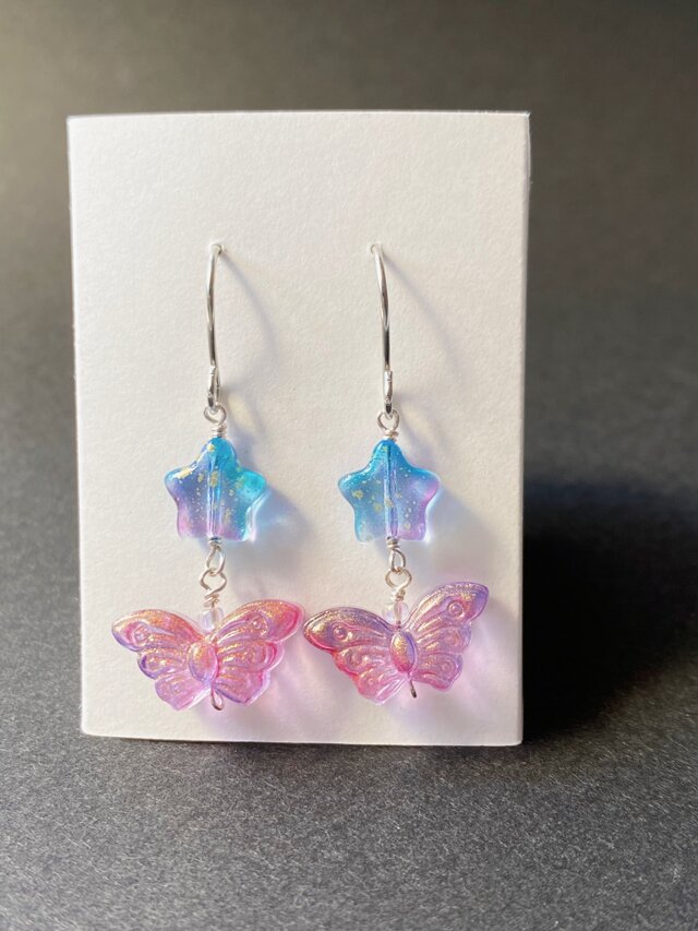 « rococo » 星と蝶のピアス ピンクパープル ac/778 | iichi 日々の暮らしを心地よくするハンドメイドやアンティークのマーケットプレイス