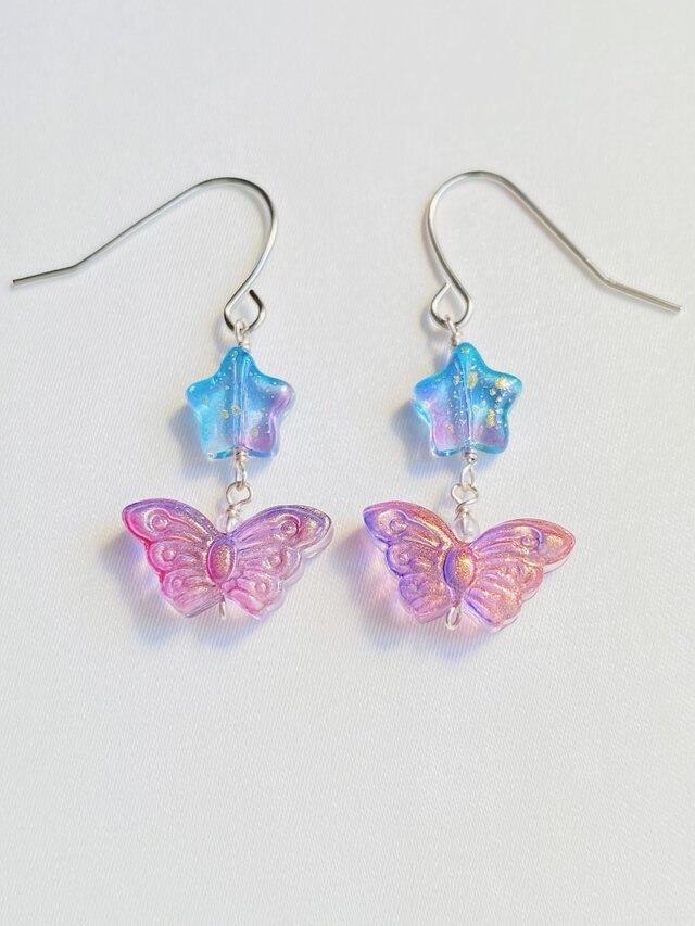 « rococo » 星と蝶のピアス ピンクパープル ac/778 | iichi 日々の暮らしを心地よくするハンドメイドやアンティークのマーケットプレイス