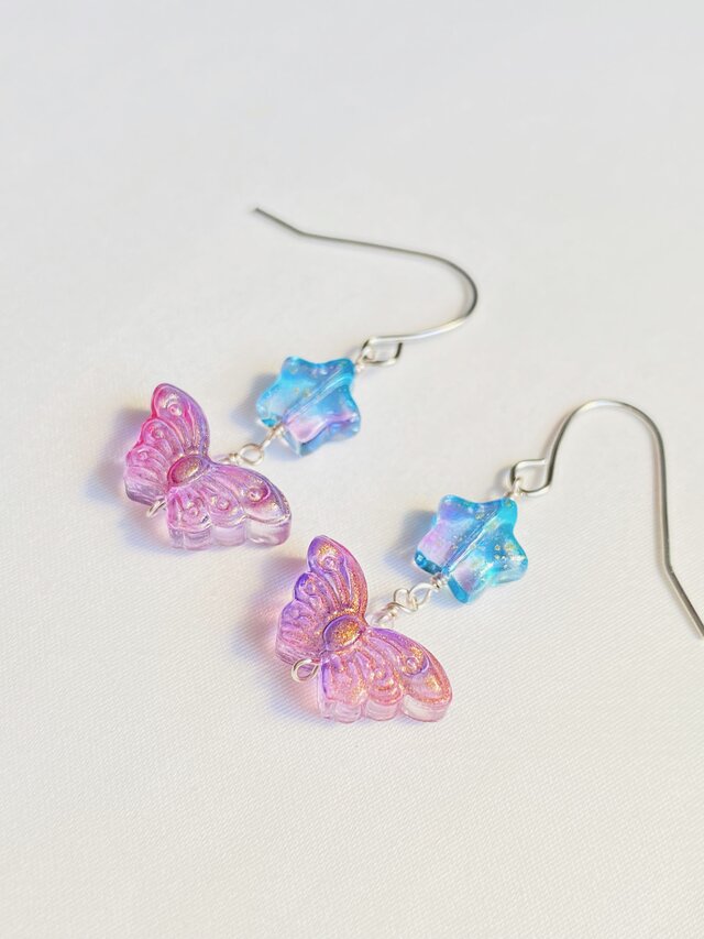 « rococo » 星と蝶のピアス ピンクパープル ac/778 | iichi 日々の暮らしを心地よくするハンドメイドやアンティークのマーケットプレイス