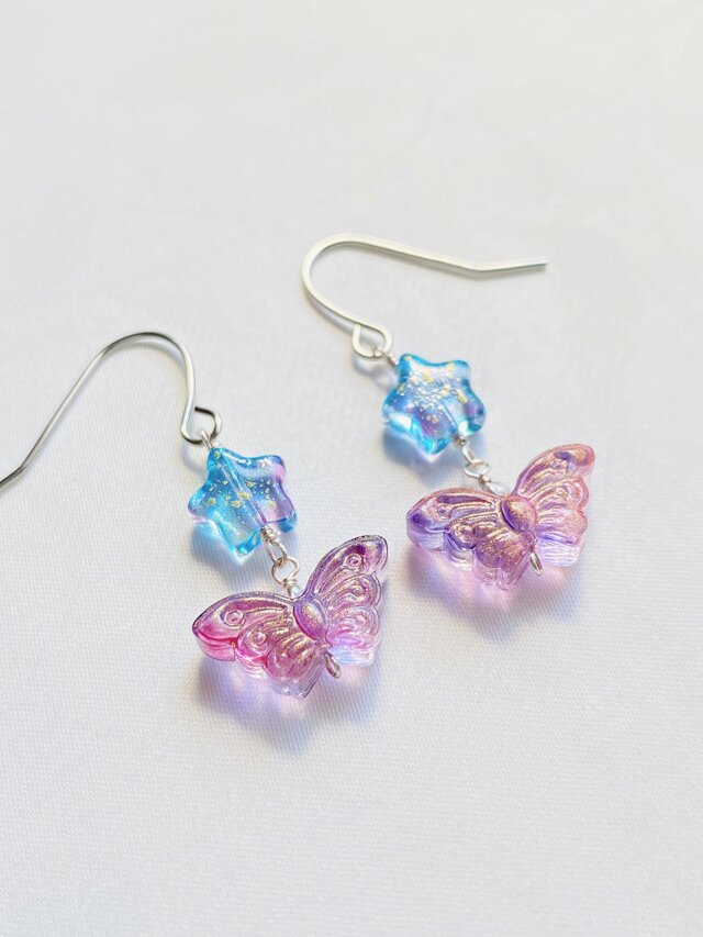 « rococo » 星と蝶のピアス ピンクパープル ac/778 | iichi 日々の暮らしを心地よくするハンドメイドやアンティークのマーケットプレイス