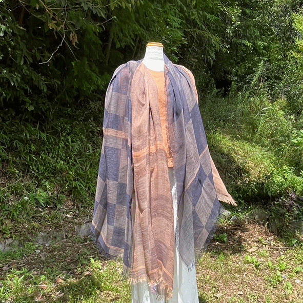 播州織柿渋染めロング＆ワイドストール K23071 | iichi 日々の暮らしを心地よくするハンドメイドやアンティークのマーケットプレイス