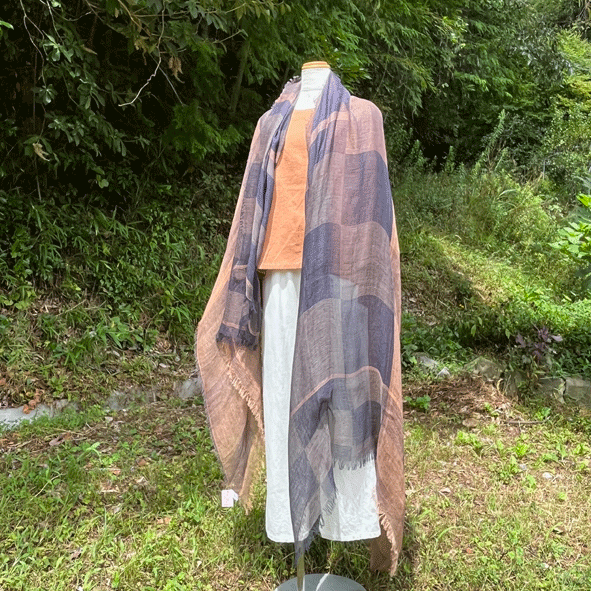 播州織柿渋染めロング＆ワイドストール K23071 | iichi 日々の暮らしを心地よくするハンドメイドやアンティークのマーケットプレイス