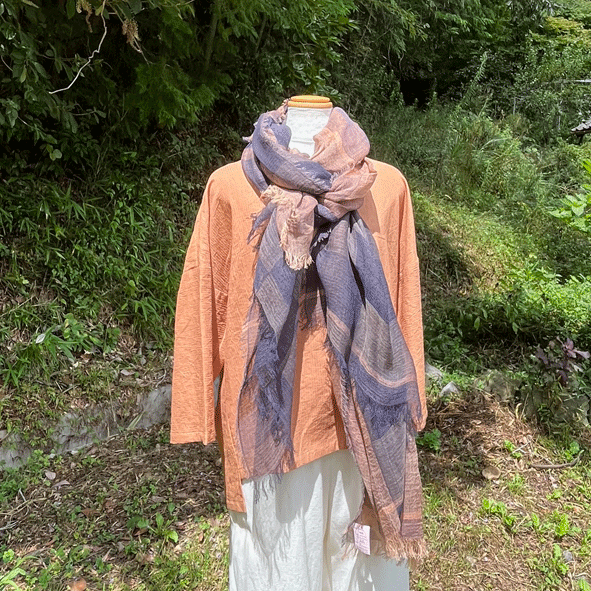 播州織柿渋染めロング＆ワイドストール K23071 | iichi 日々の暮らしを心地よくするハンドメイドやアンティークのマーケットプレイス