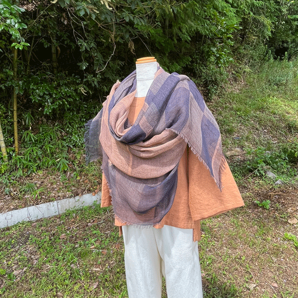 播州織柿渋染めロング＆ワイドストール K23071 | iichi 日々の暮らしを心地よくするハンドメイドやアンティークのマーケットプレイス