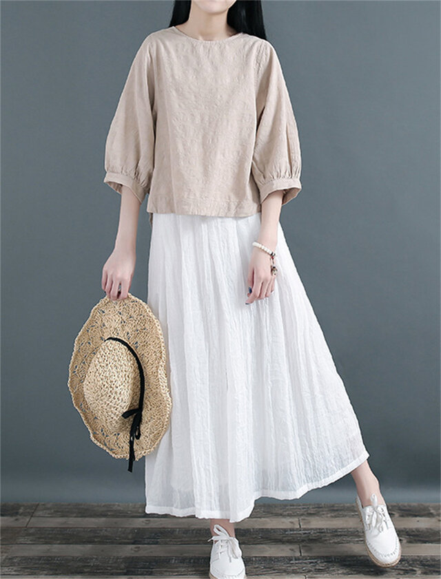 七分袖ラウンドネックレディース綿麻トップ | iichi 日々の暮らしを心地よくするハンドメイドやアンティークのマーケットプレイス