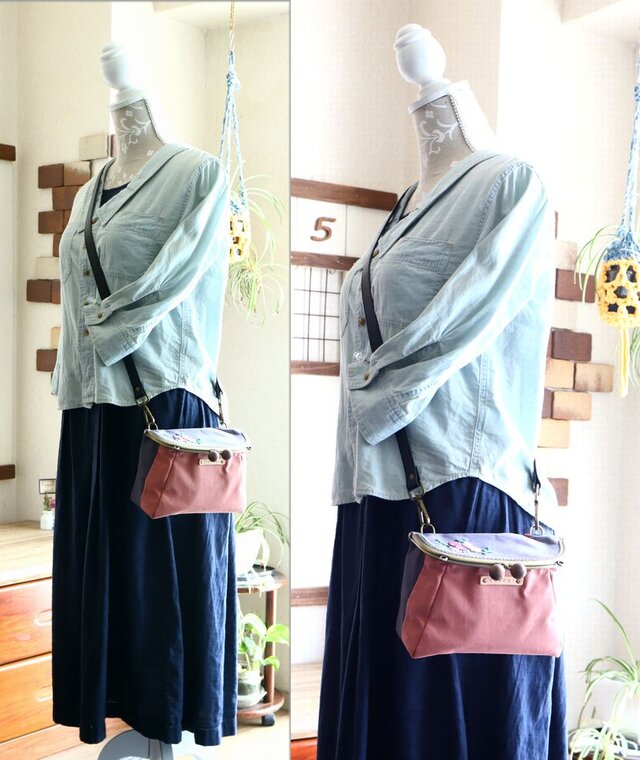 "ojigiシリーズ"ショルダーバッグ【グレー&モスピンク】Mサイズ くし形20cm | iichi 日々の暮らしを心地よくするハンドメイドやアンティークのマーケットプレイス