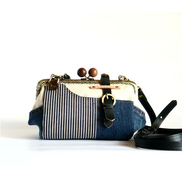 "丸たんぼうボストン”カジュアルデニム&富士金梅帆布 Sサイズ木玉角20cm | iichi 日々の暮らしを心地よくするハンドメイドやアンティークのマーケットプレイス