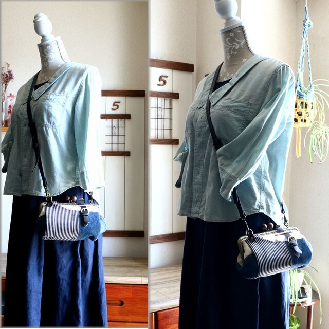 "丸たんぼうボストン”カジュアルデニム&富士金梅帆布 Sサイズ木玉角20cm | iichi 日々の暮らしを心地よくするハンドメイドやアンティークのマーケットプレイス