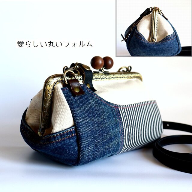 "丸たんぼうボストン”カジュアルデニム&富士金梅帆布 Sサイズ木玉角20cm | iichi 日々の暮らしを心地よくするハンドメイドやアンティークのマーケットプレイス