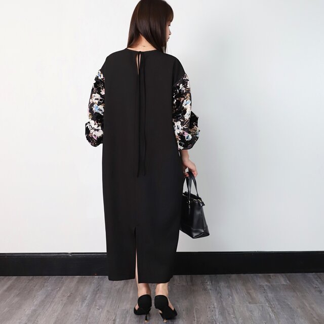 異素材バルーン袖 バックリボン フォーマル ワンピース ブラック 0595 | iichi 日々の暮らしを心地よくするハンドメイドやアンティークのマーケットプレイス