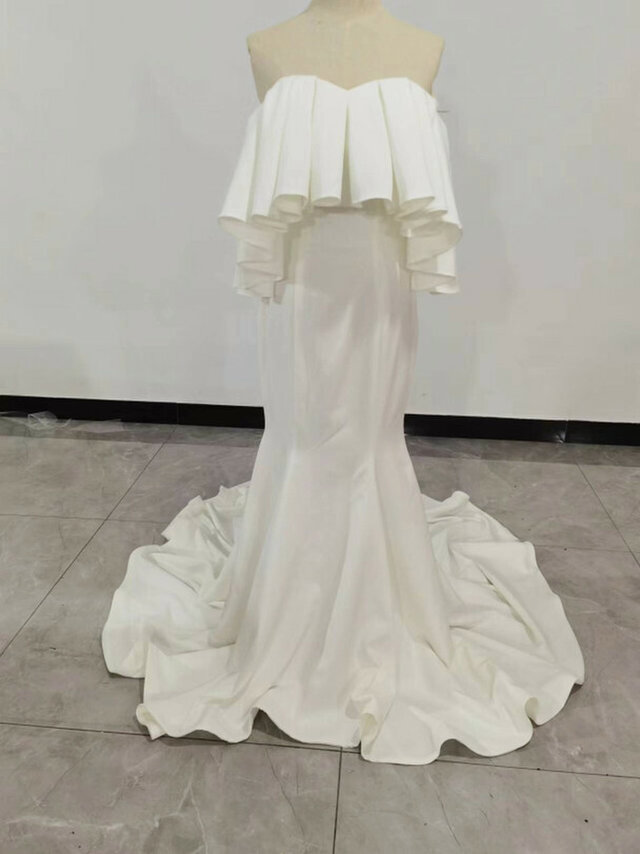 エレガント ソフトマーメイド ホワイト ウエディングドレス オフショルダー 2次会 前撮り 花嫁 挙式 | iichi 日々の暮らしを心地よくするハンドメイドやアンティークのマーケットプレイス