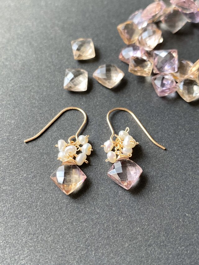 14kgf 宝石質アメトリンと淡水真珠のピアス エレガント ac/824 | iichi 日々の暮らしを心地よくするハンドメイドやアンティークのマーケットプレイス