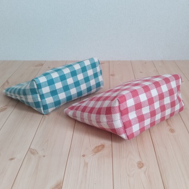 巨大30cmファスナーポーチ ブロックチェック バッグインバッグ 大きめ 朱色×生成 114 | iichi 日々の暮らしを心地よくするハンドメイドやアンティークのマーケットプレイス