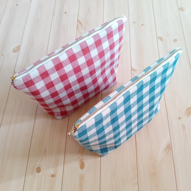 巨大30cmファスナーポーチ ブロックチェック バッグインバッグ 大きめ 朱色×生成 114 | iichi 日々の暮らしを心地よくするハンドメイドやアンティークのマーケットプレイス