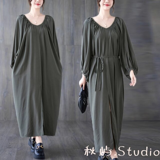 New秋色~ 純色Vネックワンピース ゆったり シンプル 長袖 ロング丈スカート 春秋★ | iichi 日々の暮らしを心地よくする ...