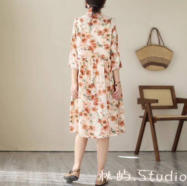 New秋色~ 綿麻ワンピース 花柄長袖ロング丈スカート. ゆったり レトロ .コットン 春秋★ | iichi 日々の暮らしを心地よくするハンドメイドやアンティークのマーケットプレイス