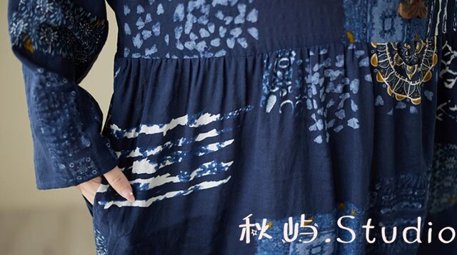 New秋色~紺色.ゆったり長袖ワンピース ロング丈スカート. レトロ 綿 .コットン 春秋★ | iichi 日々の暮らしを心地よくするハンドメイドやアンティークのマーケットプレイス