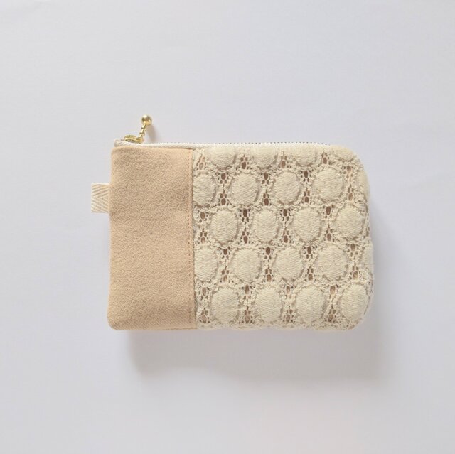 日用品店（布） ポーチ mini 【 L 字開き 】 14cm×10.5cm ／ ベージュ（レース） | iichi 日々の暮らしを心地よくするハンドメイドやアンティークのマーケットプレイス