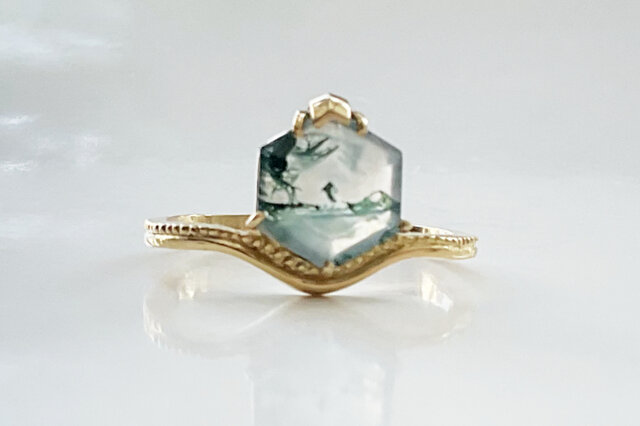 K18 まるで絵画のような moss agate hexagon ring | iichi 日々の暮らしを心地よくするハンドメイドやアンティークのマーケットプレイス